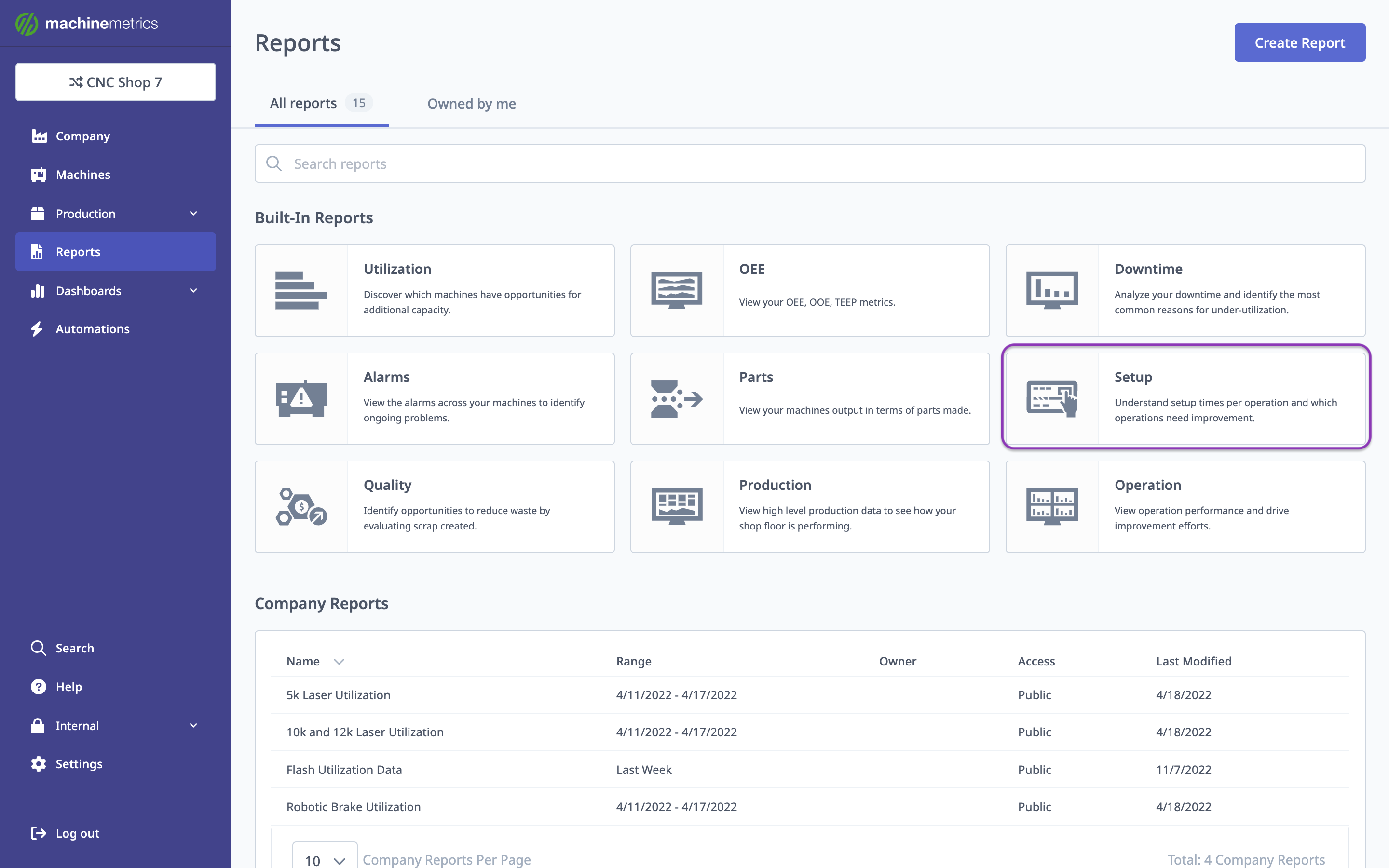 Setup Report (Reports) – MachineMetrics