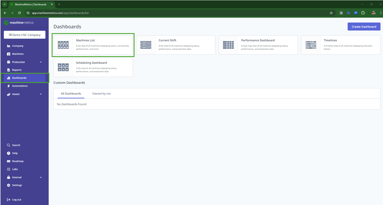Machines List Dashboard – MachineMetrics